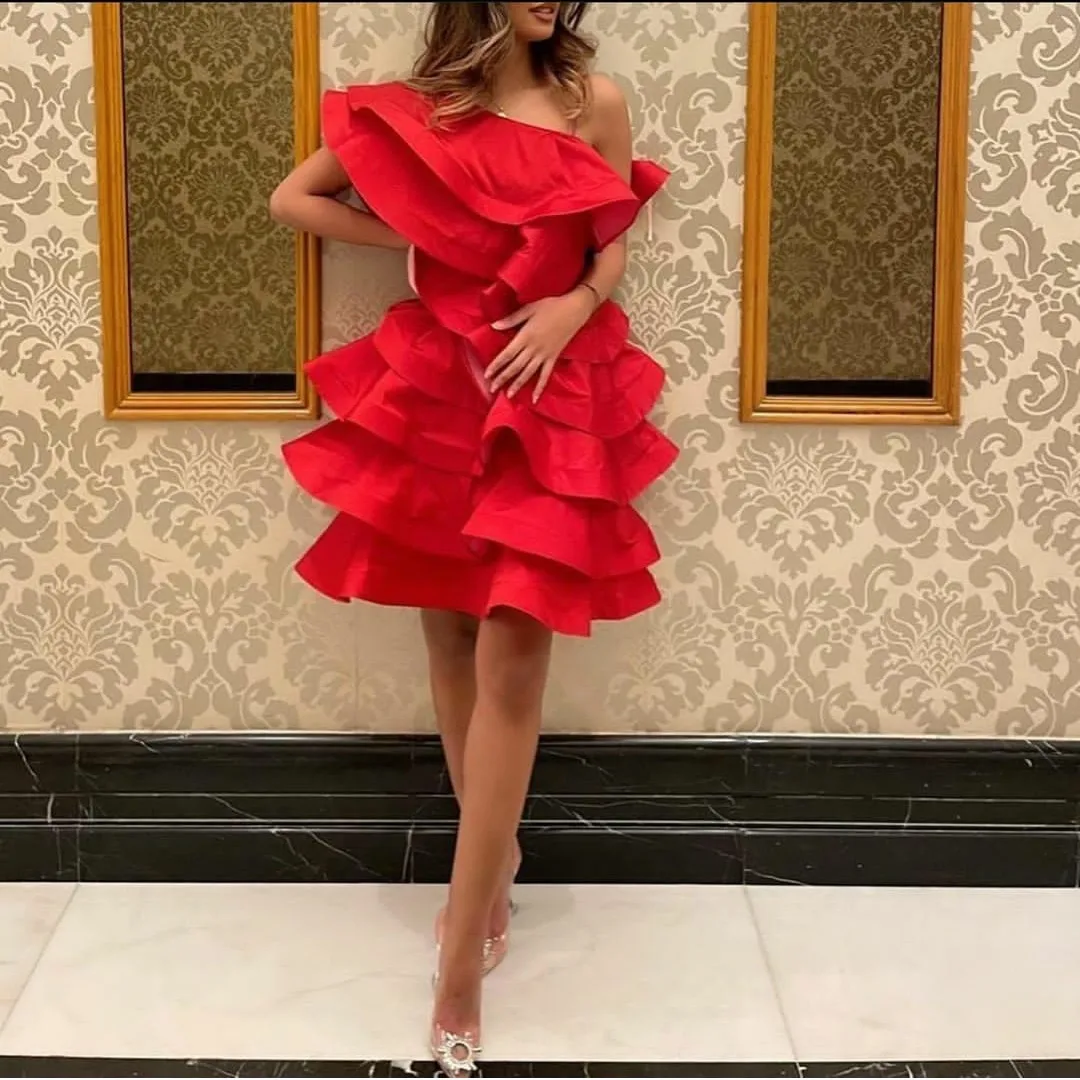 Short Red Ruffled Taffeta Evening Dresses A-line Prom Gowns Robes De ...