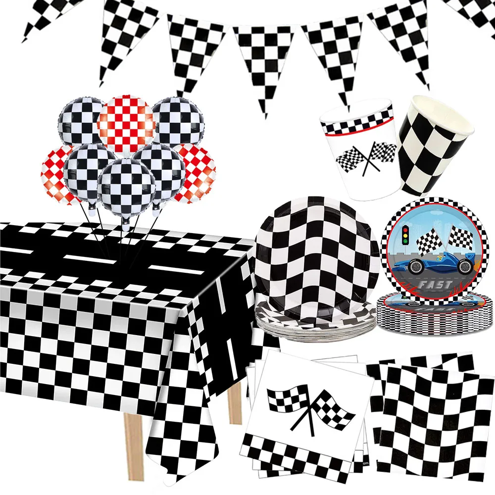 Black and White Checkered Race Car Party Supplies Tableware Tablecloth ...
