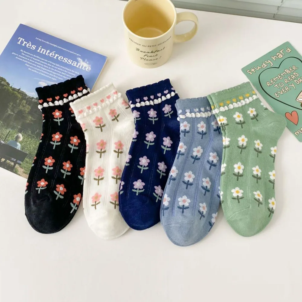 5 Pair Kawaii Flower Print Socks For Women Spring Summer Low Tube Edge ...