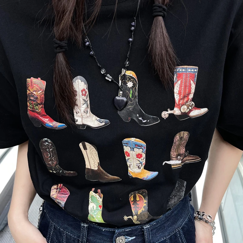 Boot Western T-Shirt Women T Shirt Summer Loose Vintage Boho Texas T ...