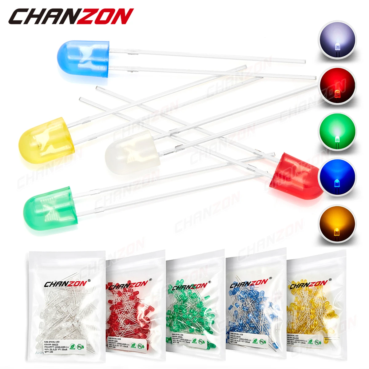 100pcs 5mm Oval LED Emitting Diode Lamp 546 White Red Green Blue Yellow ...