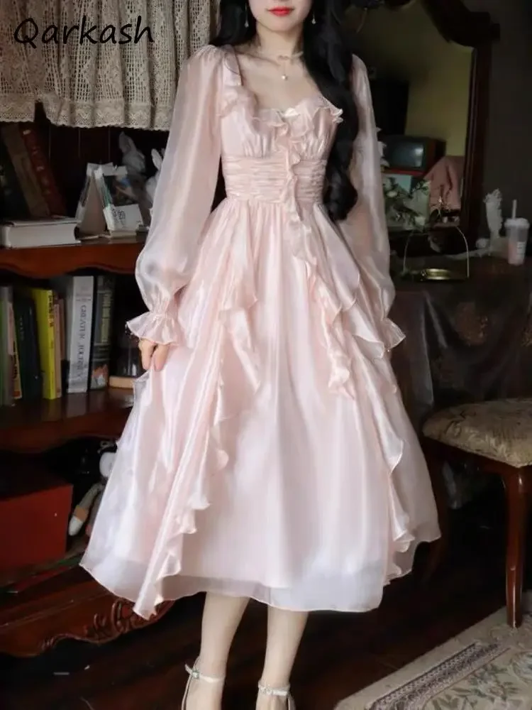 Vestidos-de-manga-larga-para-mujer-rosa-dulce-elegante-fiesta-Retro ...