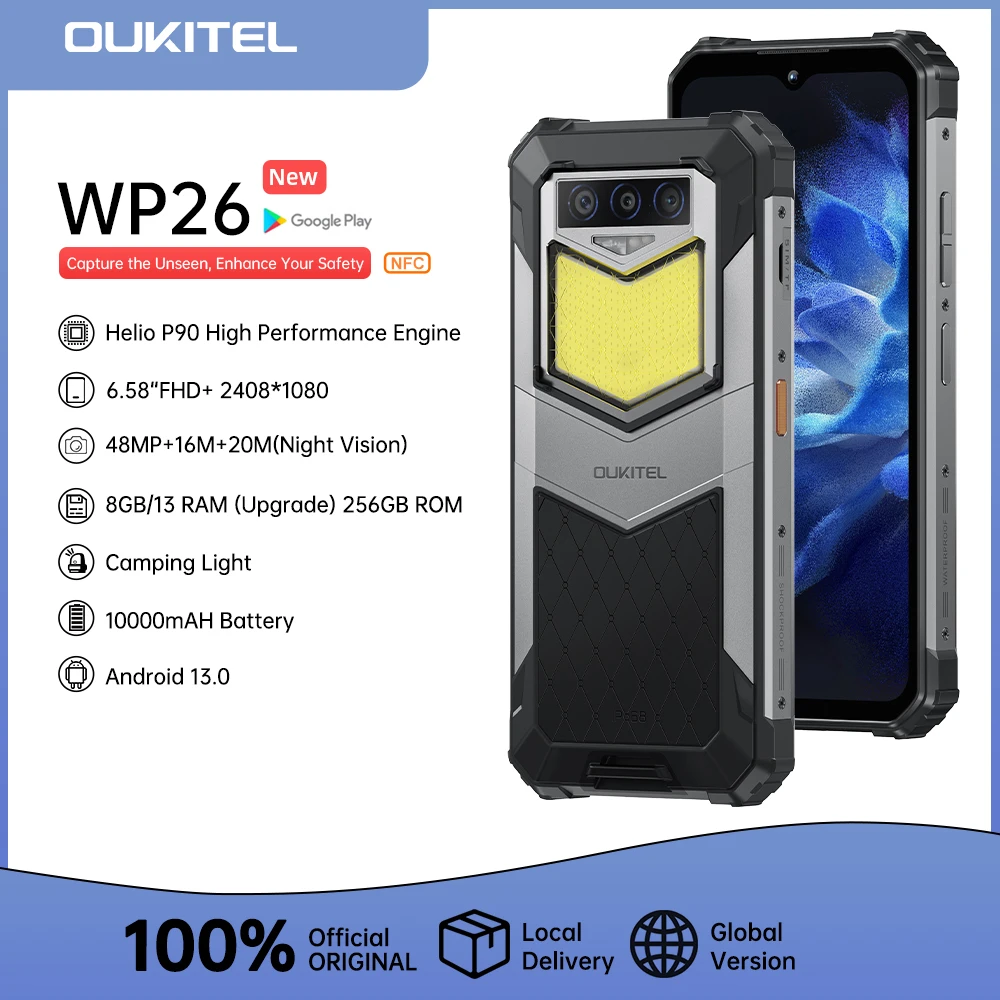 Oukitel-WP26 Câmera Noturna Robusta, 10000mAh, 8GB RAM, 256GB ROM, 48MP + 20MP, MTK P90