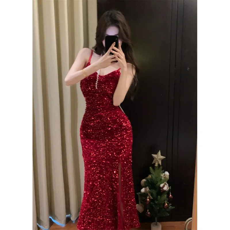 Red-Sexy-Ladies-Sequins-Sling-Dress-Women-Winter-Waist-Hugging-Tight ...