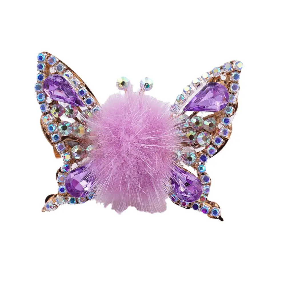3D Butterfly Faux Fur Hair Clips Flying Shiny Rhinestone Hairpin ...