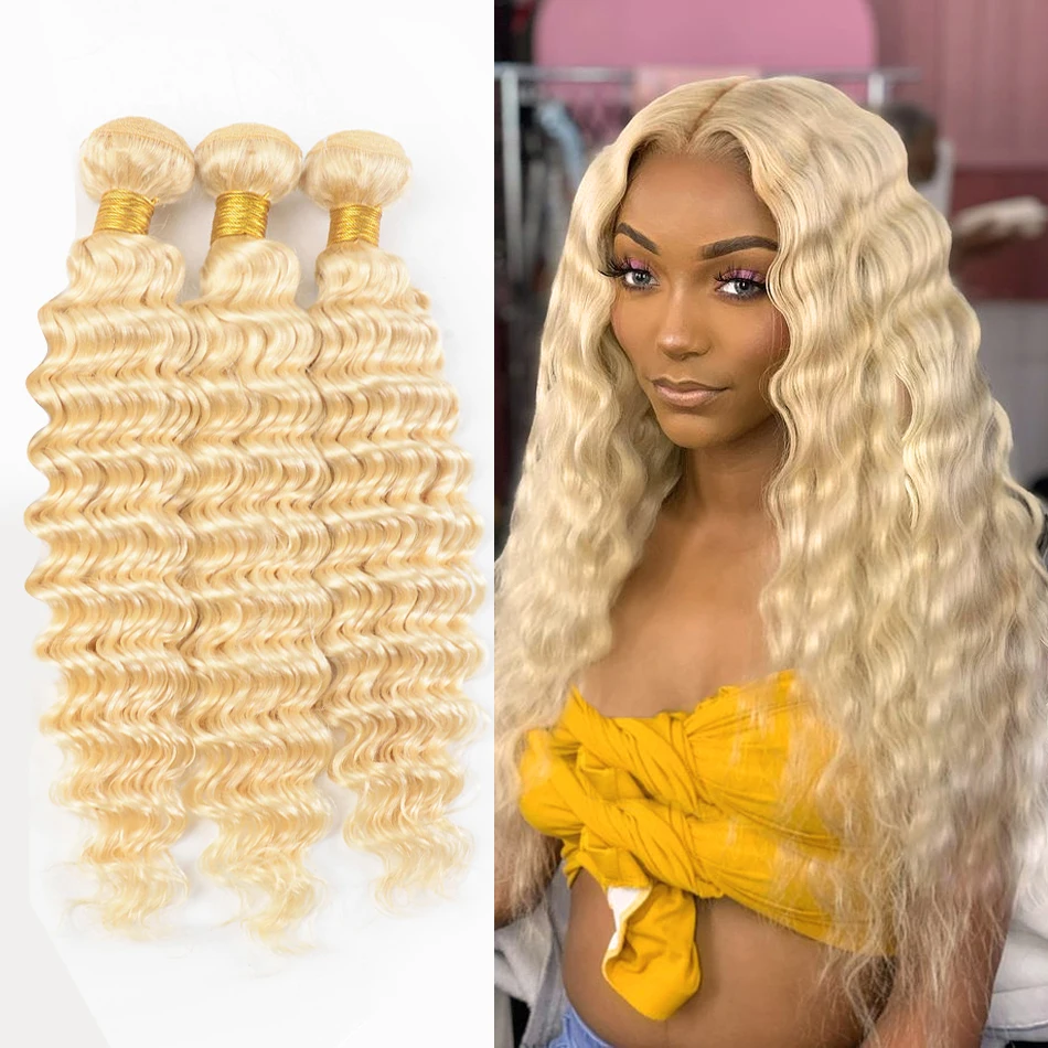 Cabello Remy brasileño de onda profunda, mechones de cabello humano 613 ...