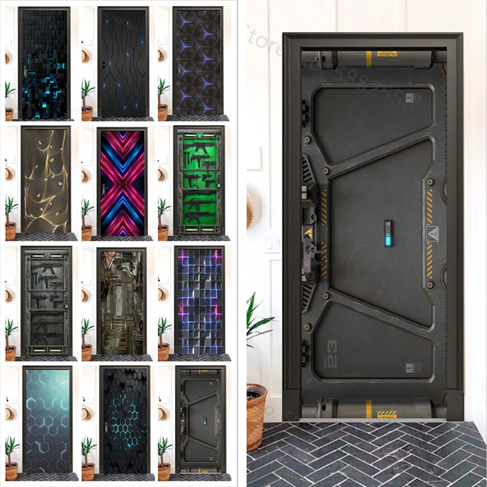 Black-Simulation-Door-Stickers-Wallpaper-Modern-Technology-Style-PVC ...