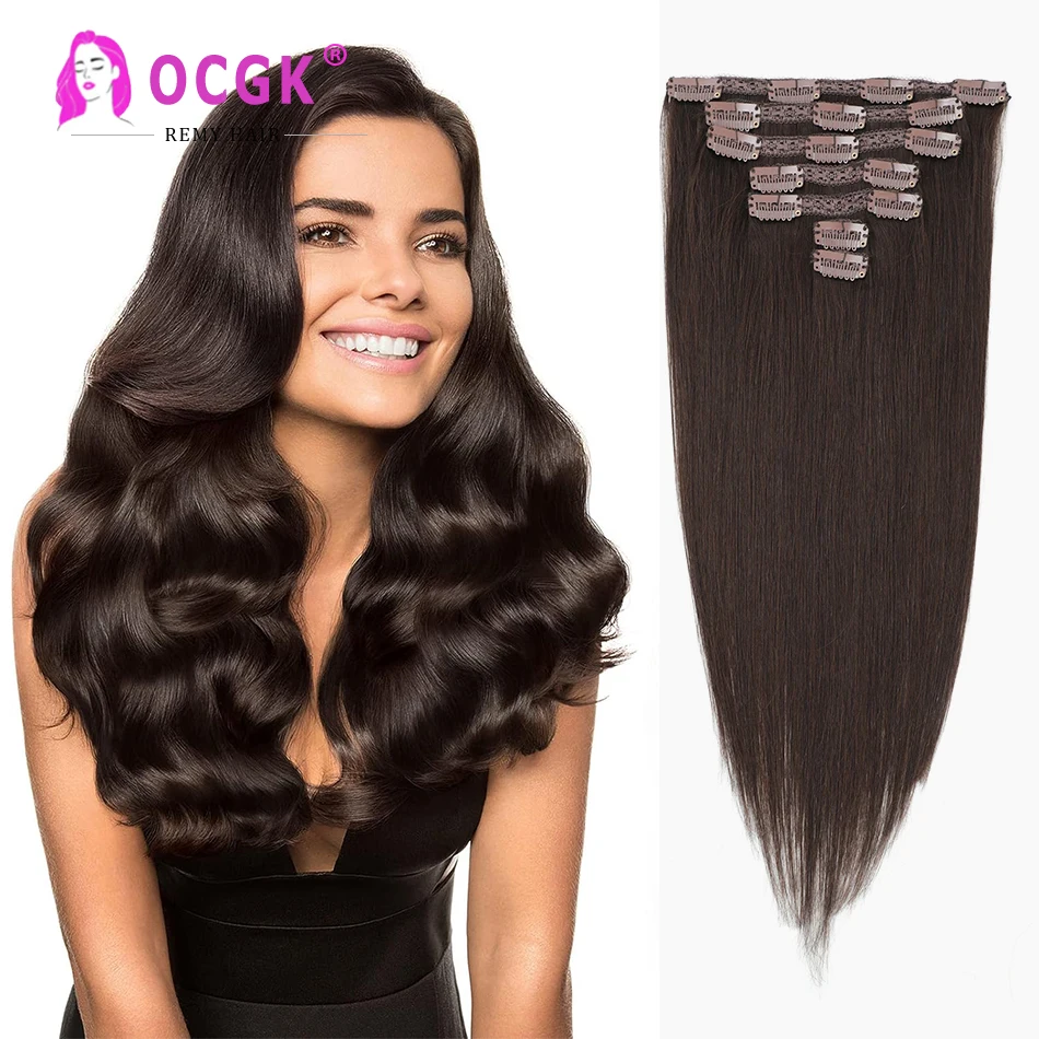 Full-Head-Clip-In-Hair-Extensions-Human-Hair-Straight-Dark-Brown ...