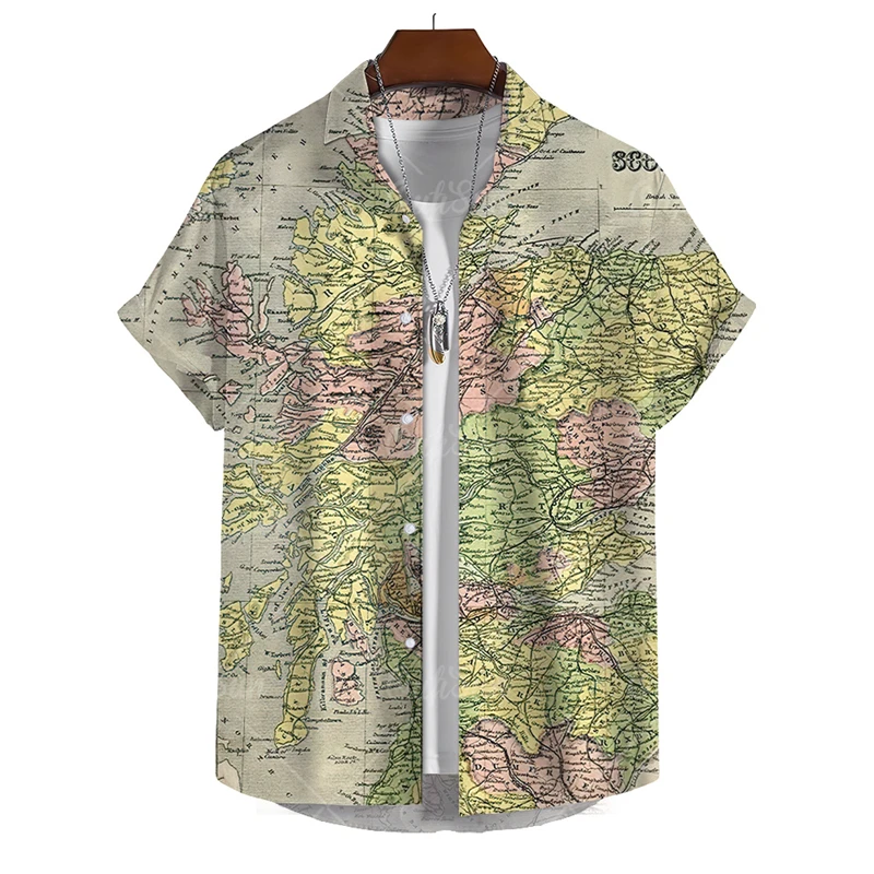 3D Print World Map Men's Shirts Digital Print Oversized Buttons Short ...