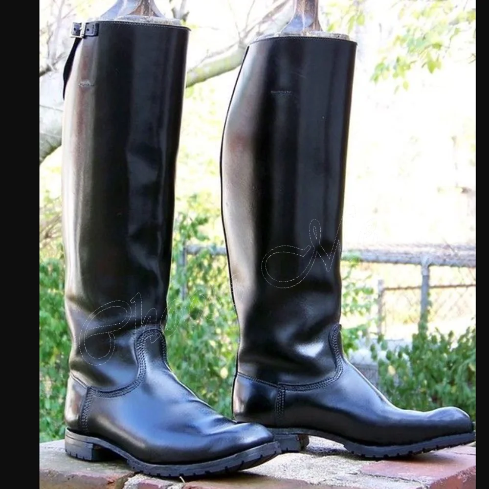Black Sew Slip on Men's Knight's Boots Solid Soft Leather Round Toe ...