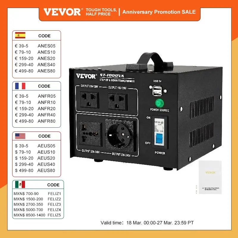VEVOR Step Up Down Transformer Voltage Converter 1000/2000/3000/5000 VA ...