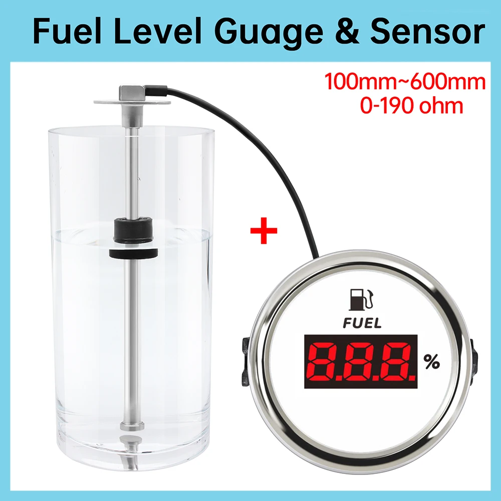 52mm Digital Fuel Level Gauge With Red Backlight 100-600mm 0-190ohm Oil ...