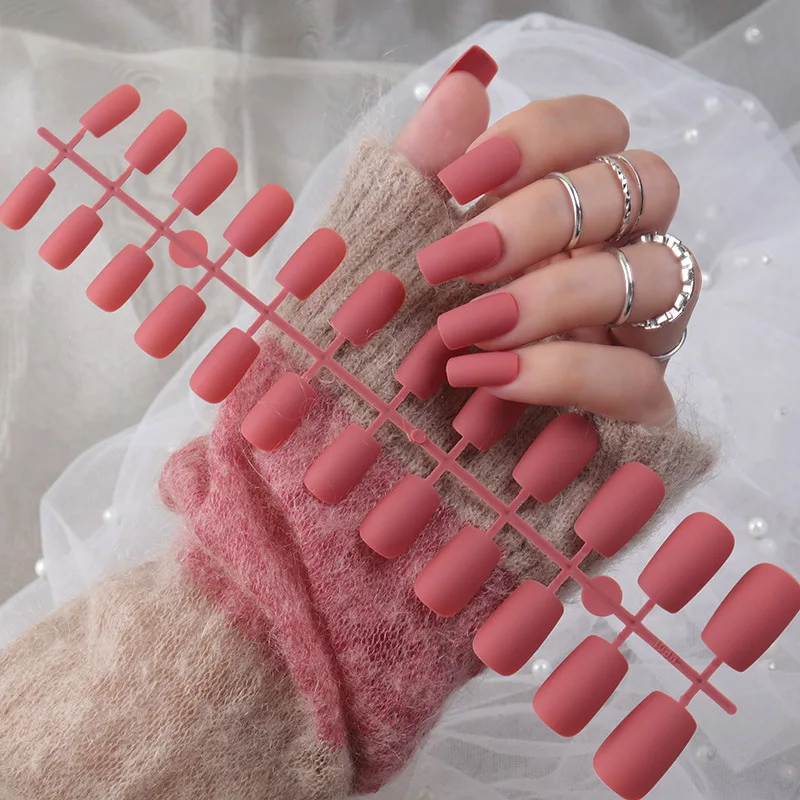 24Pcs/Set Matte False Nails Glue Square Head Frosted Press On Fake Nail ...