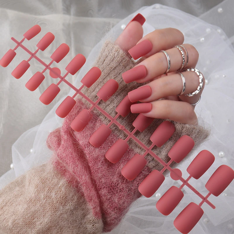 24Pcs/Set Matte False Nails Glue Square Head Frosted Press On Fake Nail ...