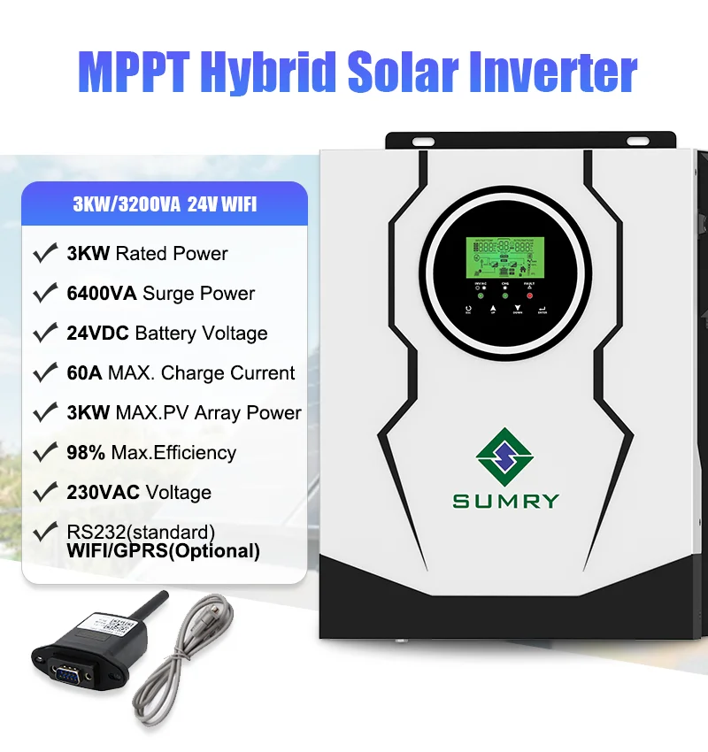 SUMRY 3KW hybrid solar inverter 24V 220V Pure Sine Wave 80A MPPT Solar ...