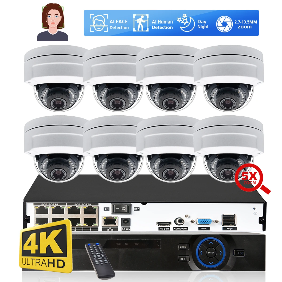 8ch Video Surveillance System Hd 4k 5xzoom Security Camera 8mp 2.7mm ...