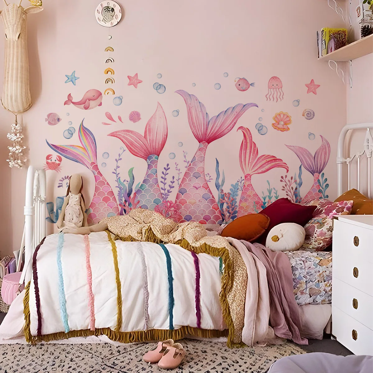 Cartoon Cute Pink Mermaid Tail Wall Stickers Art Home Decorations Wall ...