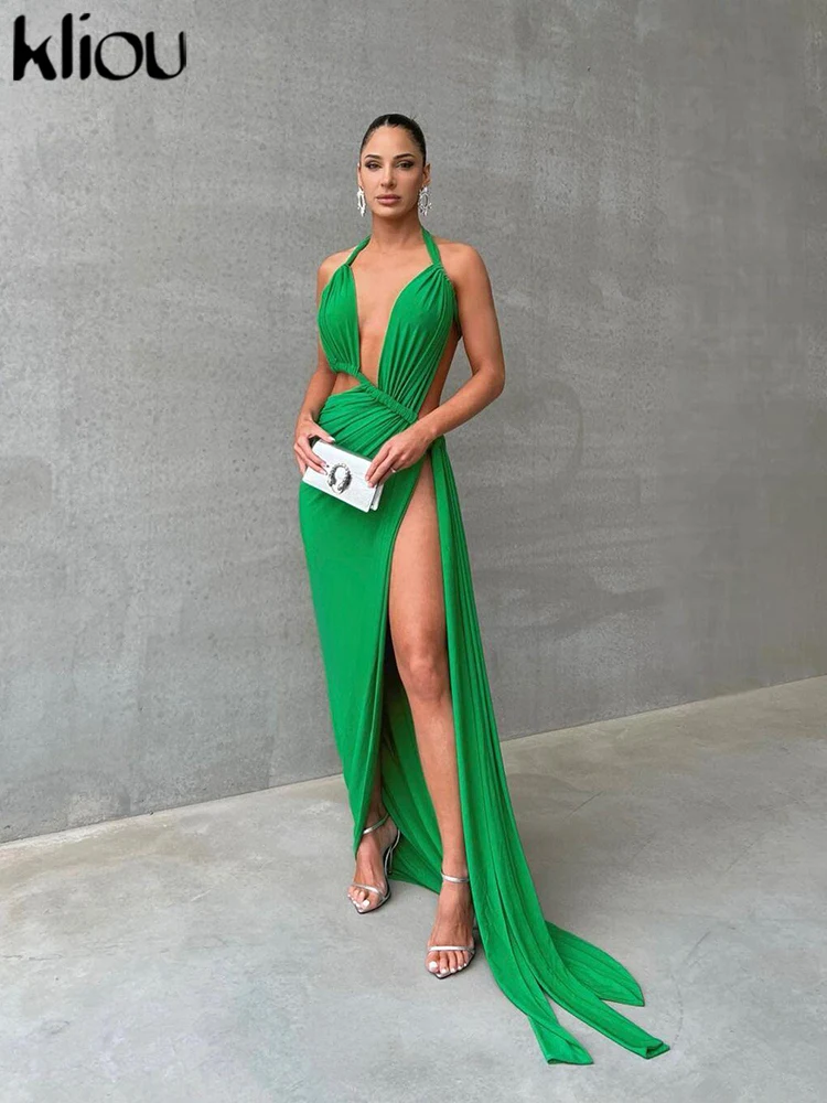 Kliou-Shirring-Halter-Maxi-Dress-For-Women-New-Sexy-Backless-Cleavage ...