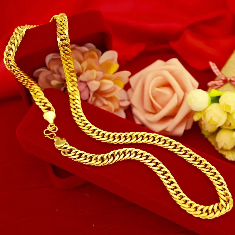 Luxury 9999 24K Real Gold Men’s Flat Chain Boss Necklace Simple ...