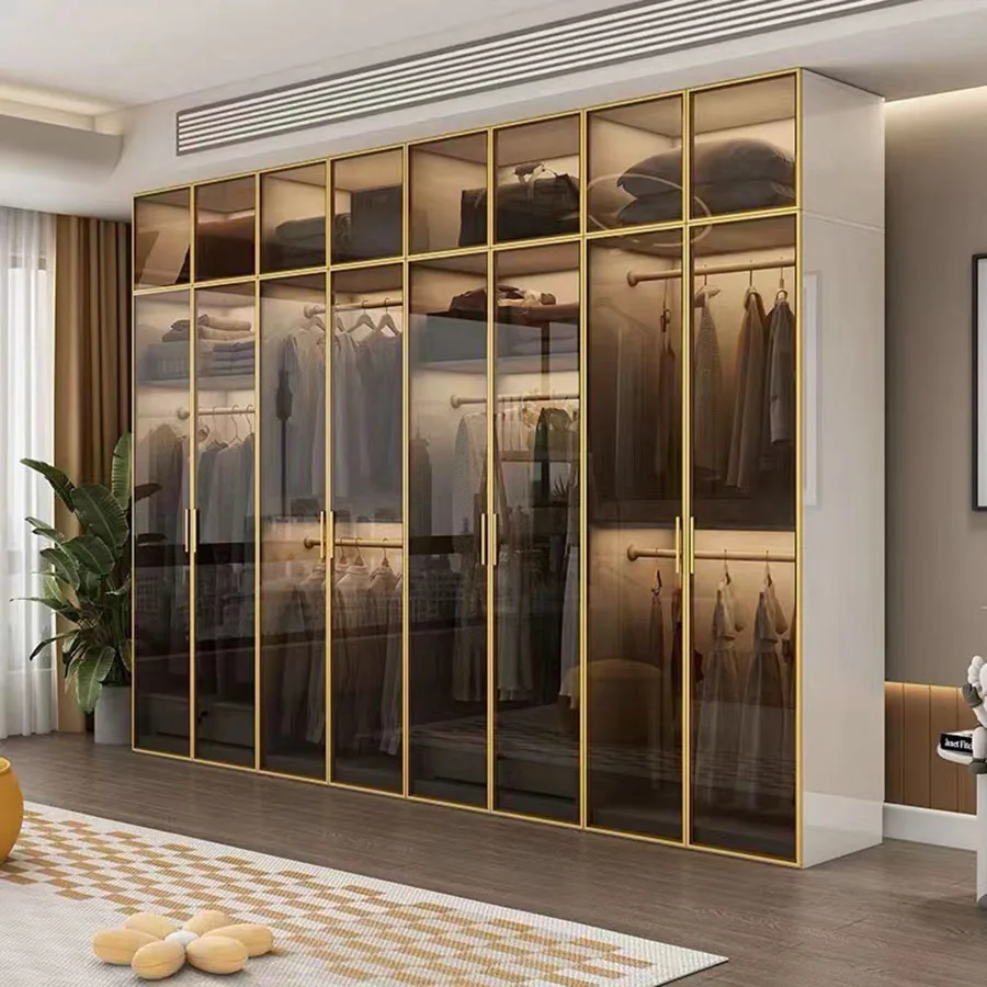 Transparent-Wardrobes-Glass-Door-Gold-Handle-Inside-Lights-Nordic ...