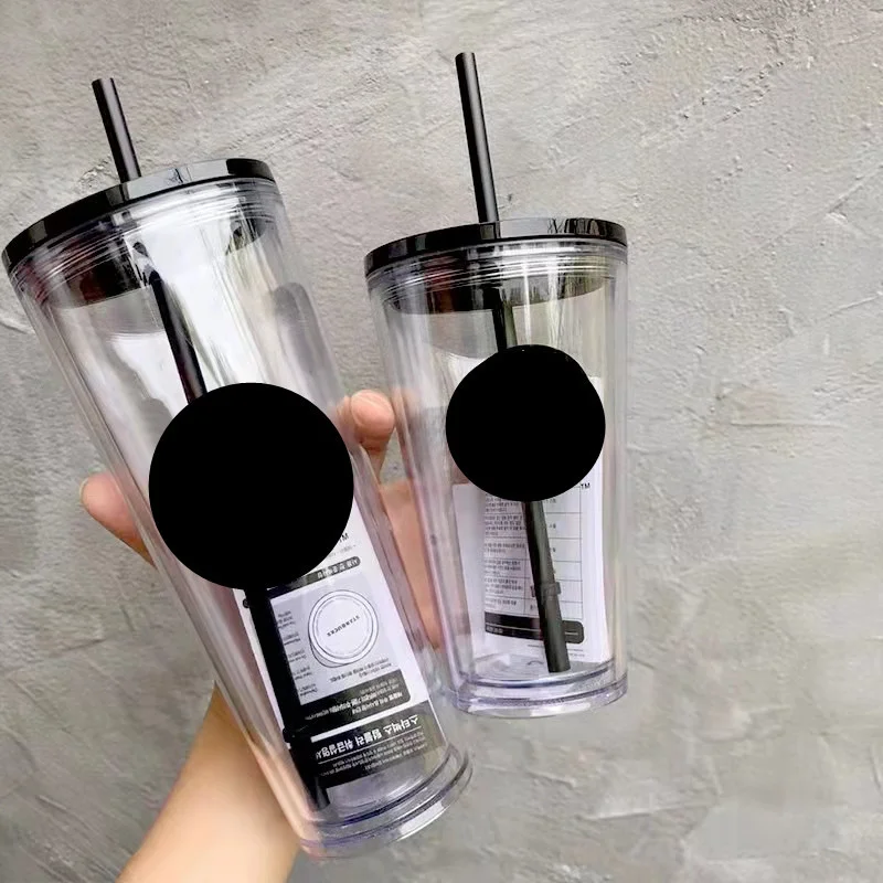 뚜껑이 달린 녹색 빨대 커피 컵 재사용 가능한 컵 플라스틱 우유 커피 컵 텀블러 이중 레이어 커피 머그잔 선물