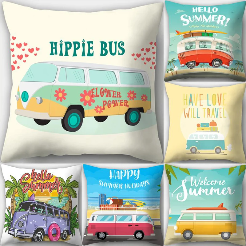 40-45-50-60CM-Travel-Caravan-Bus-Pillow-Case-Happy-Seaside-Holiday ...