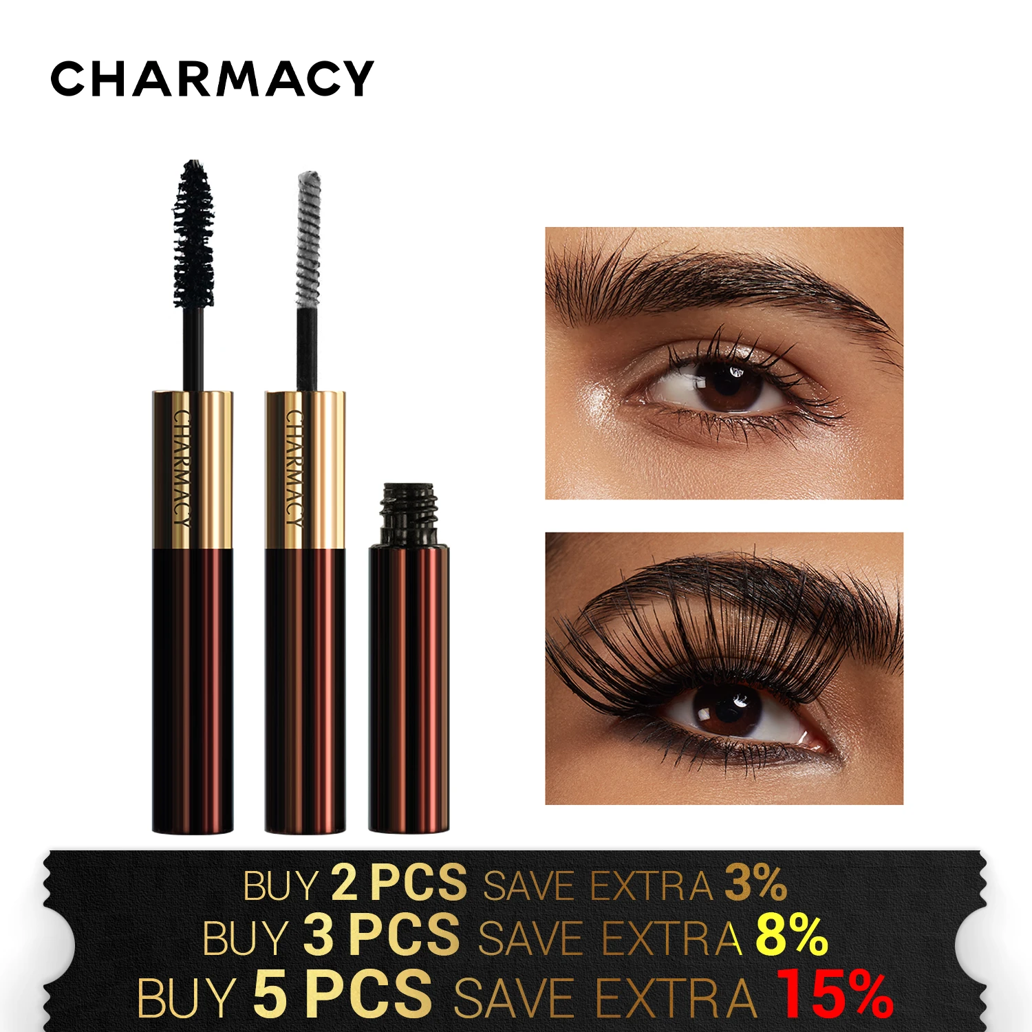 CHARMACY 3D Lengthening Double Mascara Black Lash Eyelash MascaraThin ...