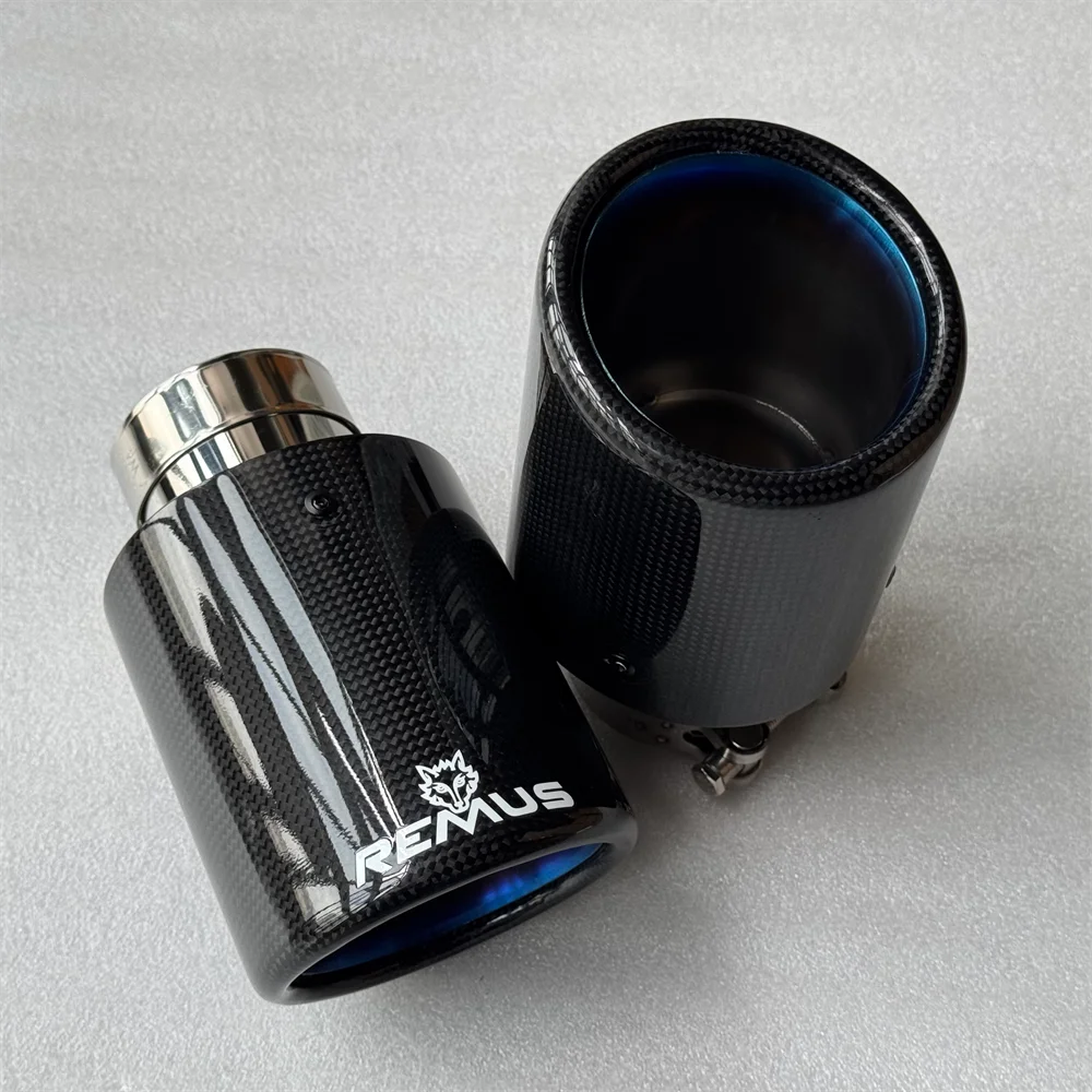 1Piece Remus Single Car Exhaust Tips Blue Pipe Roll Glossy Carbon Fiber ...