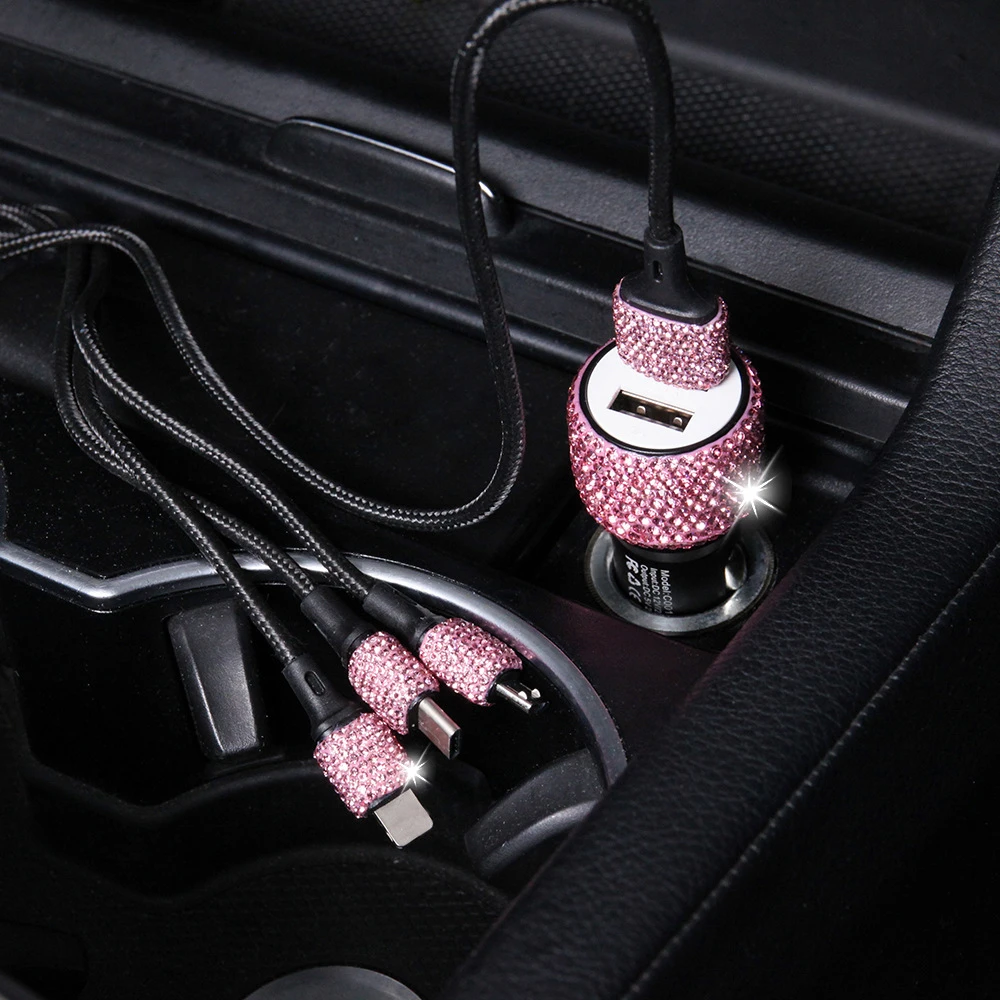 New Bling USB Car Charger 5V 2.1A Dual Port Fast Adapter Pink Car Decor ...