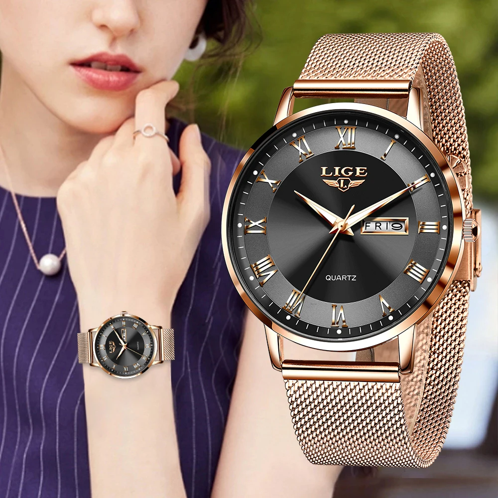 LIGE Women Watch Bracelet Quartz Clock Movement Simple Waterproof Rose ...
