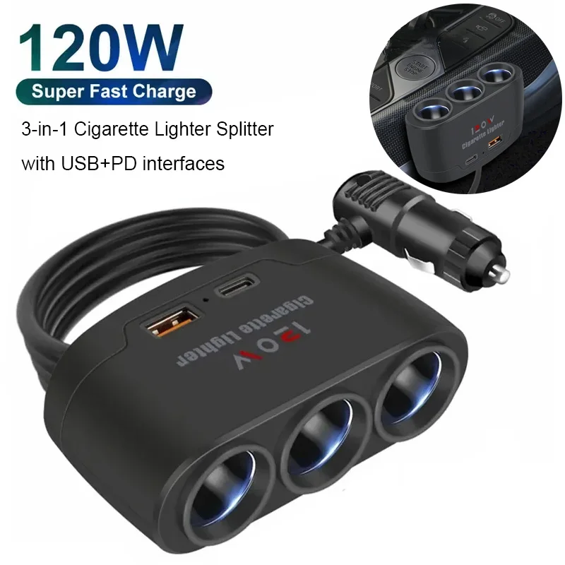 3-In-1 Dual Usb 120W Car Cigarette Lighter Splitter 12V 24V Fast ...