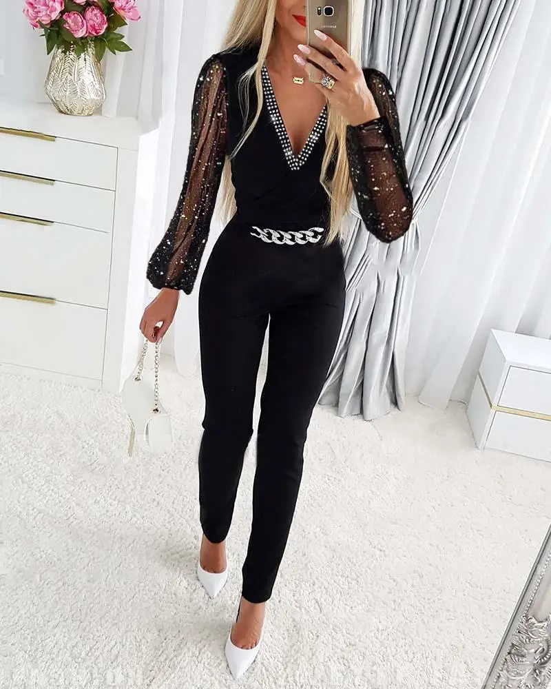 Deep-V-Neck-Mesh-Long-Sleeve-Jumpsuit-One-Piece-Overall-Women-Black ...