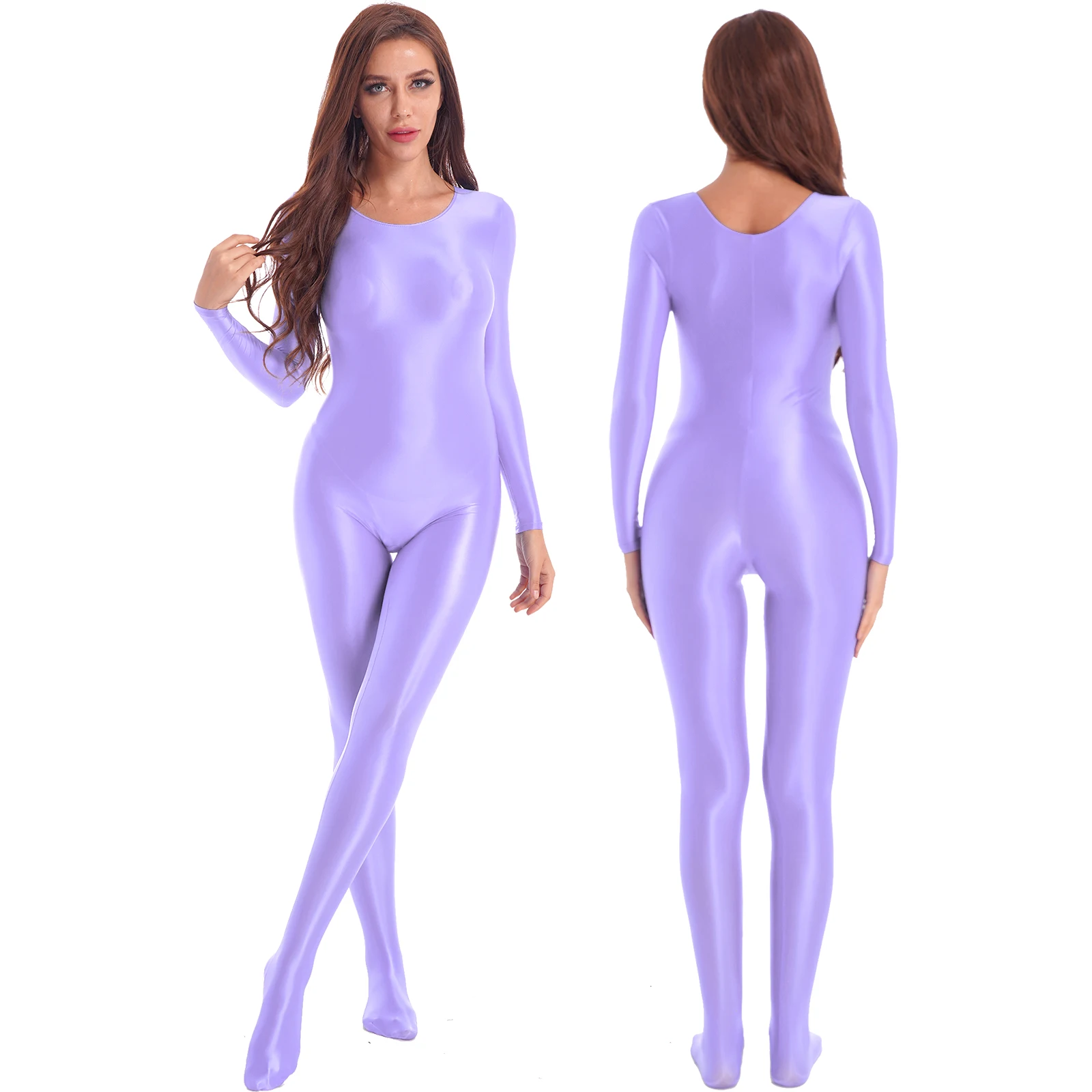 Womens-Ladies-Smooth-Long-Sleeve-Bodystocking-Solid-Color-Round-Neck ...