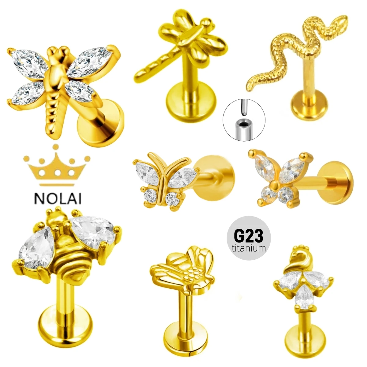 ASTM F136 G23 Titanium Butterfly Bee Threadless Piercing Pin Push in ...