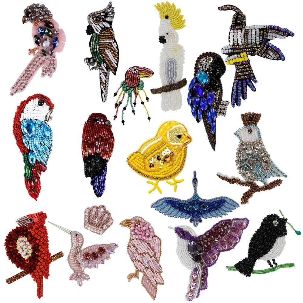 Handmade Rhinestone Beaded Patches Birds Parrot Sew On Crystal Pearl ...