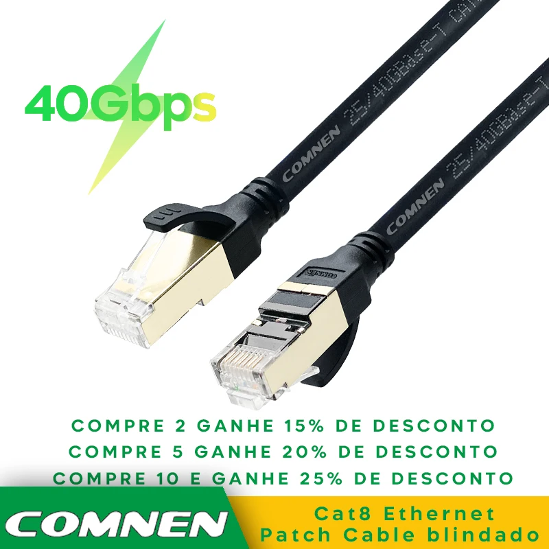 Comnen Cabos Ethernet CAT8 Cabo Rj45 40Gbps 2000MHz SFTP 28AWG cabo de ...