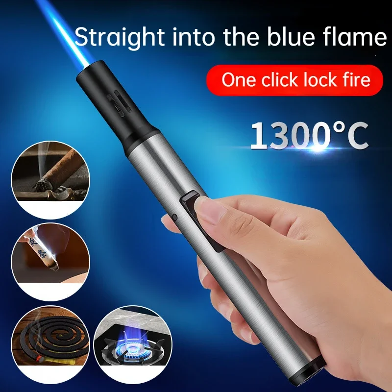 New-Long-Straight-through-Spray-Gun-Blue-Flame-Lighter-Metal-Windproof ...