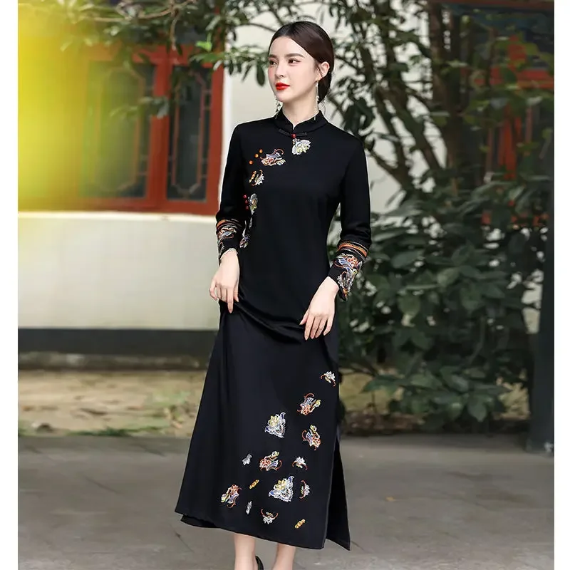 Spring-High-Quality-Vintage-Black-Embroidered-Slim-Long-Cheongsam-Women ...