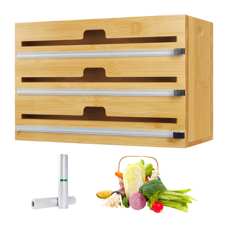 3-In-1-Bamboo-Wall-Mount-Dispenser-Wood-Wrap-Dispenser-Kitchen-Storage ...