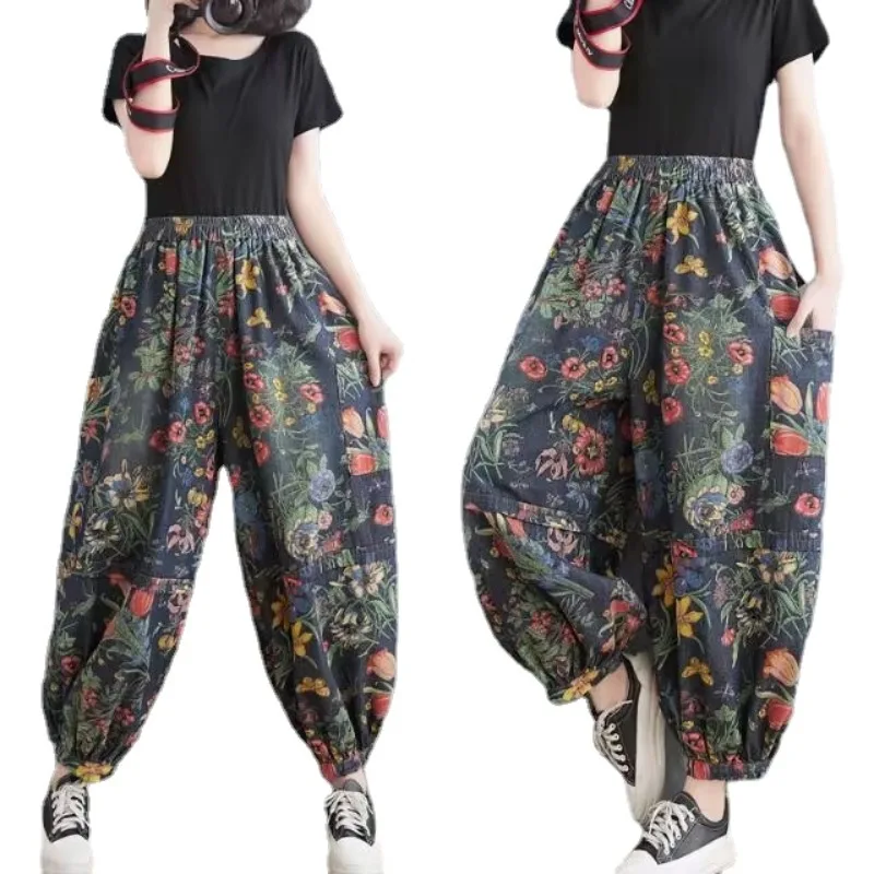 New-Fashion-Ladies-Printed-Floral-Jeans-Women-Vintage-Blue-Denim-Pants ...