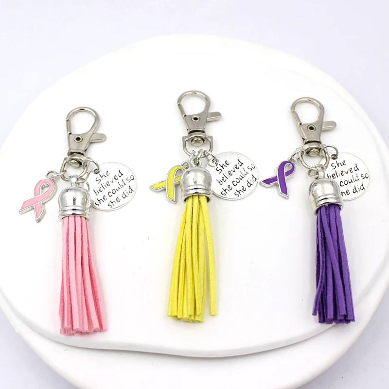 New-Awareness-Keychain-Yellow-Pink-Ribbon-Tassel-She-Believed ...