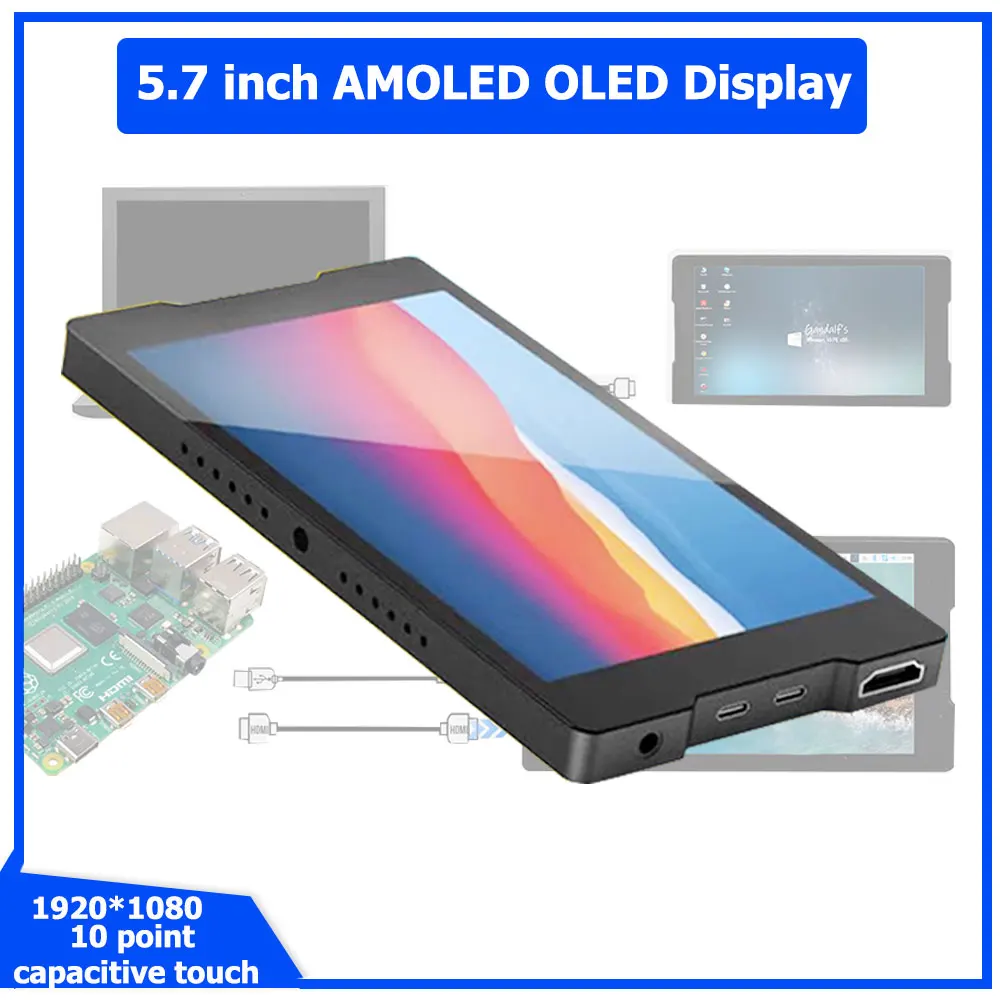 AMOLED OLED 디스플레이 모니터, 1080P 포켓 LCD 정전식 터치 스크린, HDMI 호환 USB C타입, 5.7 인치 ...
