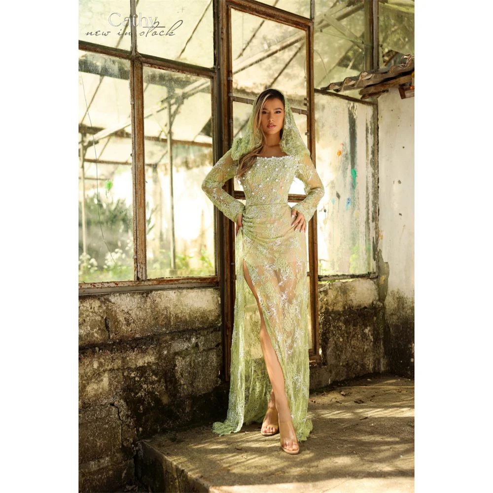 Cathy Customized Green Beads Lace Flowers Prom Dresses Long Sleeve ...