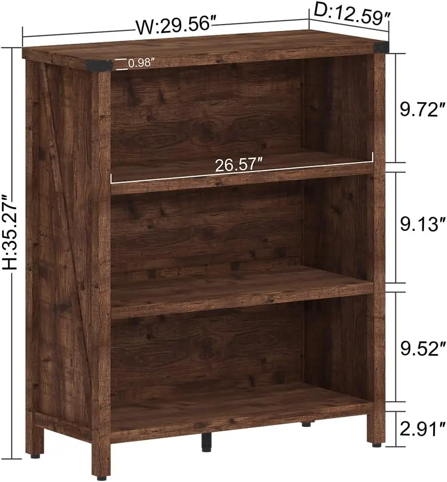 Rustic Short Bookshelf, 3 Shelf Bookcase, Small Wood Low Book Cases ...