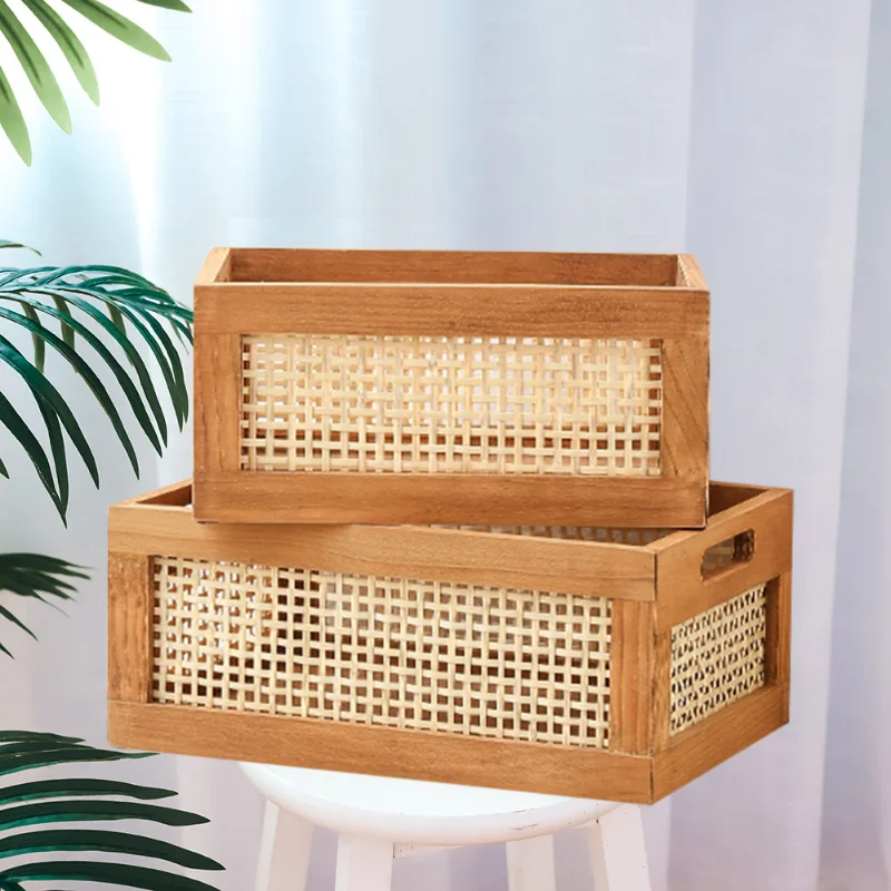 Vintage-solid-wood-storage-basket-bamboo-rattan-desktop-toys-books ...