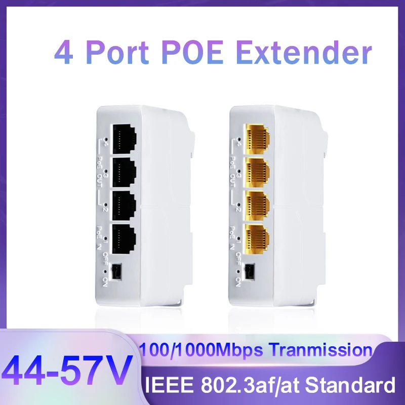 4 Port Gigabit POE Extender 100/1000Mbps 1 to 3 Network Switch Repeater IEEE802.3af/at Plug and ...