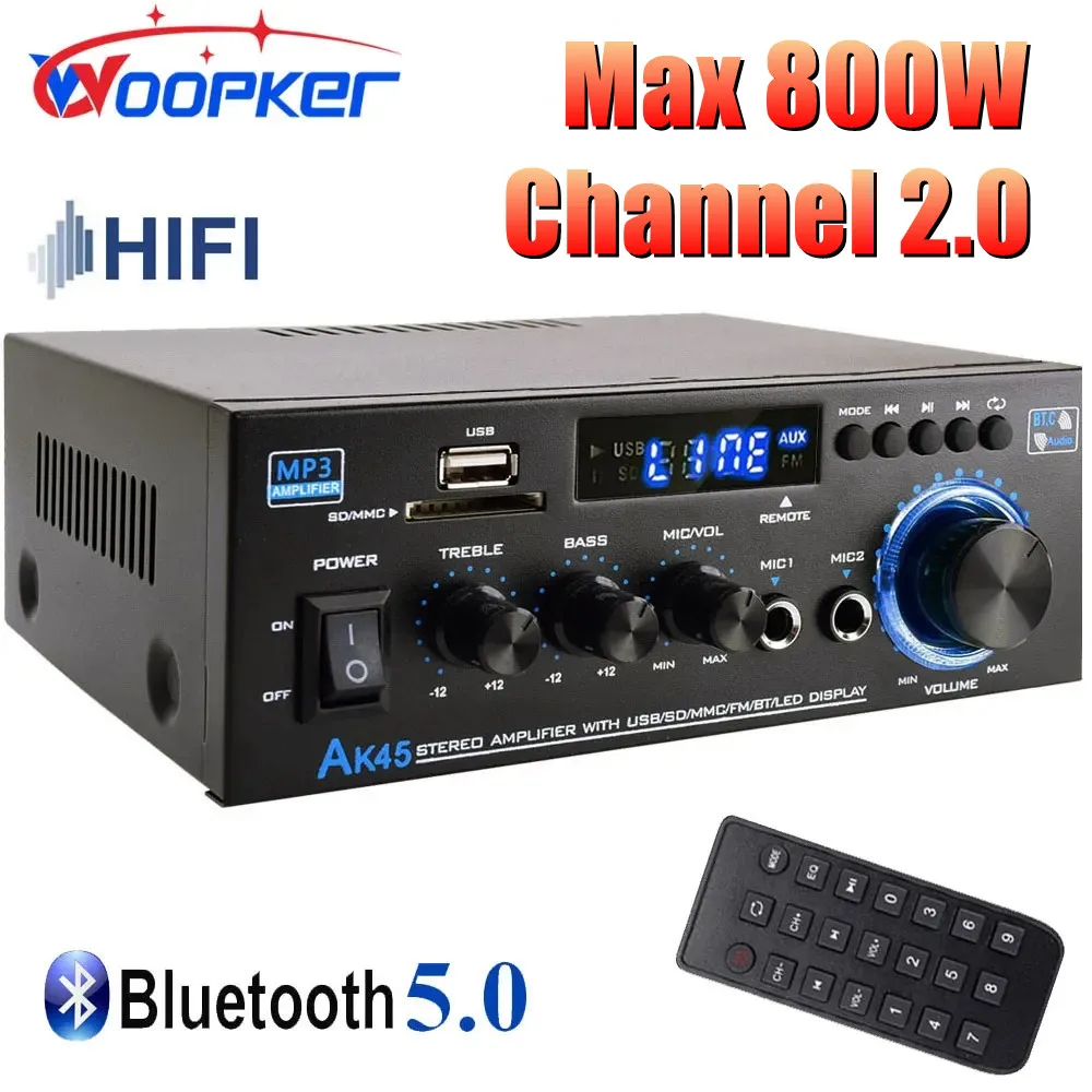 Woopker HiFi wzmacniacz cyfrowy AK45 Bluetooth MP3 kanałowy wzmacniacz dźwięku 2.0 wsparcie 90V ...