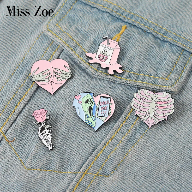 Pink-Punk-Enamel-Pins-Custom-Rib-Cage-Skeleton-Heart-Hug-Call-Me ...