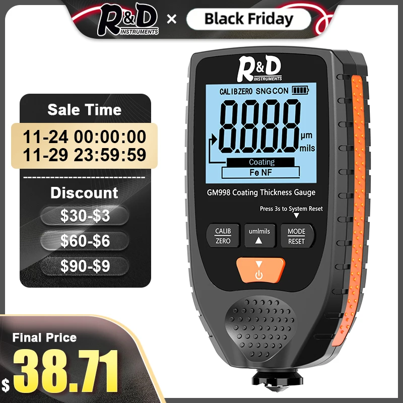 R And D Gm998 자동차 페인트 코팅 두께 게이지 자동차 페인트 전기 도금 금속 코팅 두께 측정기 0 1500um Fe And Nfe 감지 디지털 백라이트 Lcd 필름