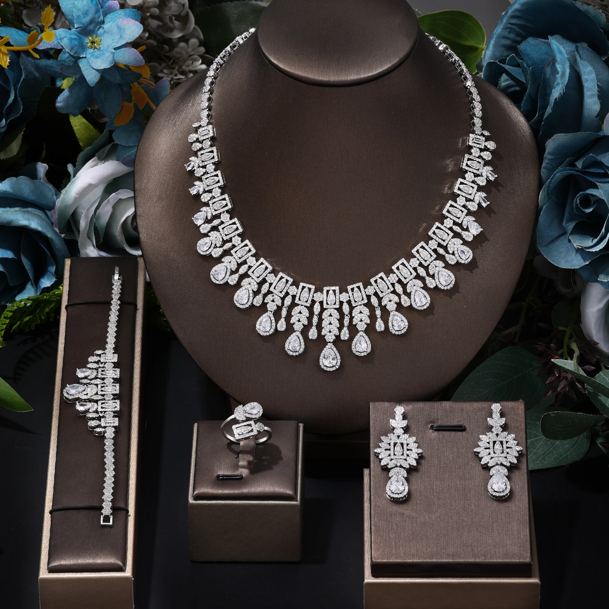 Luxury cubic zirconia necklace bracelet earrings and ring 4pcs dubai ...